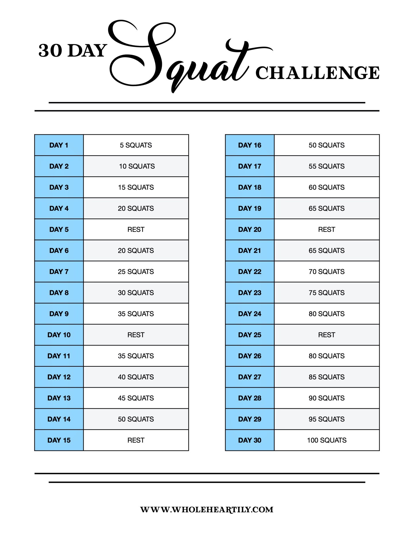 30 Day Squat Challenge for Beginners – Whole Heartily